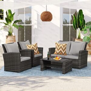 may in color 4 piece patio furniture sets, all-weather patio conversation set outdoor wicker sectional sofa chair with cushion and coffee table, grey