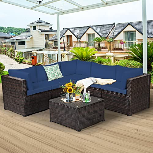 DORTALA 6PCS Rattan Patio Sectional Sofa Conversation Set, Outdoor Rattan Sofa Set w/Cushions, Multiple Combinations Conversation Set for Porch Garden Poolside Balcony, Navy