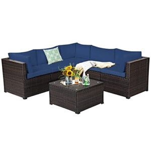 DORTALA 6PCS Rattan Patio Sectional Sofa Conversation Set, Outdoor Rattan Sofa Set w/Cushions, Multiple Combinations Conversation Set for Porch Garden Poolside Balcony, Navy