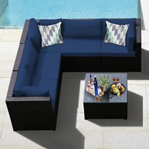 DORTALA 6PCS Rattan Patio Sectional Sofa Conversation Set, Outdoor Rattan Sofa Set w/Cushions, Multiple Combinations Conversation Set for Porch Garden Poolside Balcony, Navy