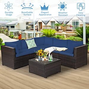 DORTALA 6PCS Rattan Patio Sectional Sofa Conversation Set, Outdoor Rattan Sofa Set w/Cushions, Multiple Combinations Conversation Set for Porch Garden Poolside Balcony, Navy