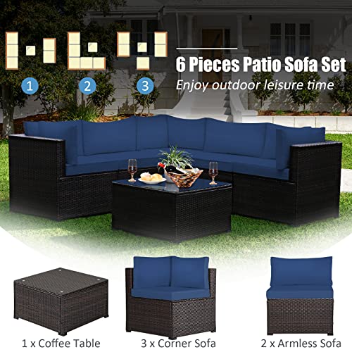 DORTALA 6PCS Rattan Patio Sectional Sofa Conversation Set, Outdoor Rattan Sofa Set w/Cushions, Multiple Combinations Conversation Set for Porch Garden Poolside Balcony, Navy