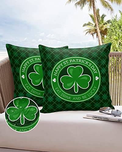 Outdoor Pillow Covers Waterproof, Round Green Lucky Clover Throw Pillowcase Decorative Cover, Saint Patrick Checker Backdrop Garden Cushion Case Set of 2 for Sofa, Couch, Tent, Patio 18"x18"