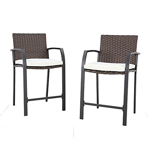 LOKATSE HOME 2 Piece Bar Stools Counter Height Chair Patio Furniture with Armrest for Garden Pool Lawn Backyard, Beige