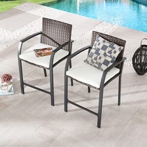 LOKATSE HOME 2 Piece Bar Stools Counter Height Chair Patio Furniture with Armrest for Garden Pool Lawn Backyard, Beige