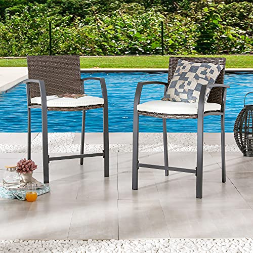 LOKATSE HOME 2 Piece Bar Stools Counter Height Chair Patio Furniture with Armrest for Garden Pool Lawn Backyard, Beige