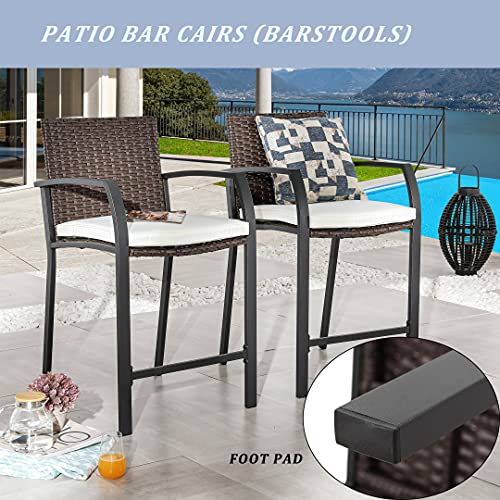 LOKATSE HOME 2 Piece Bar Stools Counter Height Chair Patio Furniture with Armrest for Garden Pool Lawn Backyard, Beige