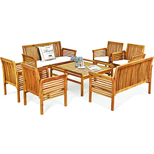 Tangkula 4 Piece Outdoor Acacia Wood Sofa Set w/Water Resistant Cushions, Padded Patio Conversation Table Chair Set w/Coffee Table for Garden, Backyard, Poolside (2)