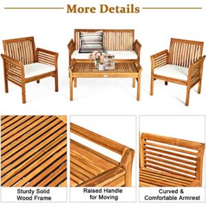 Tangkula 4 Piece Outdoor Acacia Wood Sofa Set w/Water Resistant Cushions, Padded Patio Conversation Table Chair Set w/Coffee Table for Garden, Backyard, Poolside (2)