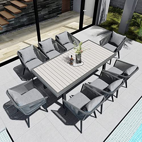 Home Care Wholesale 9 Pieces Patio Dining Set for 8 - All Weather Outdoor Dining Sets, All in One Outdoor Table and Chairs, Wicker Outdoor Patio Furniture Sets with Cushions and Pillows, Grey