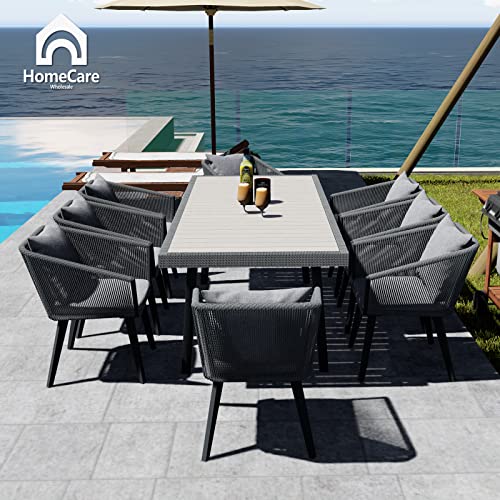 Home Care Wholesale 9 Pieces Patio Dining Set for 8 - All Weather Outdoor Dining Sets, All in One Outdoor Table and Chairs, Wicker Outdoor Patio Furniture Sets with Cushions and Pillows, Grey