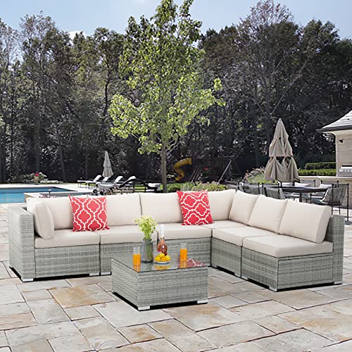 SoarFlash 7 Pieces Outdoor Patio Furniture Set, All-Weather Rattan Sectional Sofa Wicker Conversation Set with Cushion, Coffee Table for Garden, Backyard,Poolside(Beige)