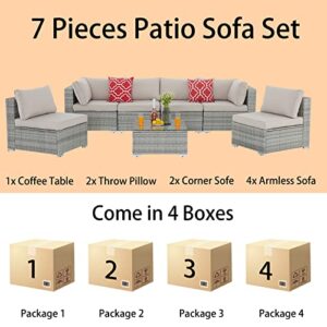 SoarFlash 7 Pieces Outdoor Patio Furniture Set, All-Weather Rattan Sectional Sofa Wicker Conversation Set with Cushion, Coffee Table for Garden, Backyard,Poolside(Beige)