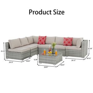 SoarFlash 7 Pieces Outdoor Patio Furniture Set, All-Weather Rattan Sectional Sofa Wicker Conversation Set with Cushion, Coffee Table for Garden, Backyard,Poolside(Beige)