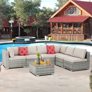 SoarFlash 7 Pieces Outdoor Patio Furniture Set, All-Weather Rattan Sectional Sofa Wicker Conversation Set with Cushion, Coffee Table for Garden, Backyard,Poolside(Beige)