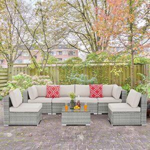 SoarFlash 7 Pieces Outdoor Patio Furniture Set, All-Weather Rattan Sectional Sofa Wicker Conversation Set with Cushion, Coffee Table for Garden, Backyard,Poolside(Beige)