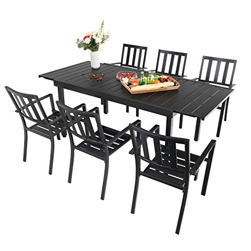 Sophia & William Patio Dining Set, 7 Piece Metal Outdoor Expandable Dining Table Set Bistro Furniture Set - 1 Rectangle Expanding Dining Table and 6 Backyard Garden Outdoor Chairs, Black