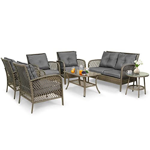 FYRICKYLINOO 7 Pieces Outdoor Wicker Patio Furniture Rattan Conversation Chairs Bistro Sets with 4 PCS Pillows, All Weather Modern Chairs Loveseat Sofa with 2 PCS Coffee Tables for Garden, Gray