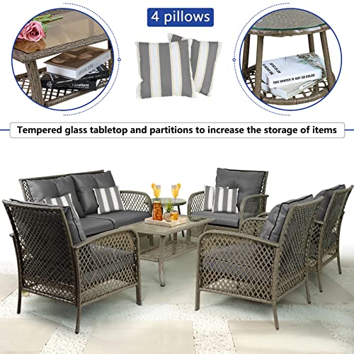 FYRICKYLINOO 7 Pieces Outdoor Wicker Patio Furniture Rattan Conversation Chairs Bistro Sets with 4 PCS Pillows, All Weather Modern Chairs Loveseat Sofa with 2 PCS Coffee Tables for Garden, Gray