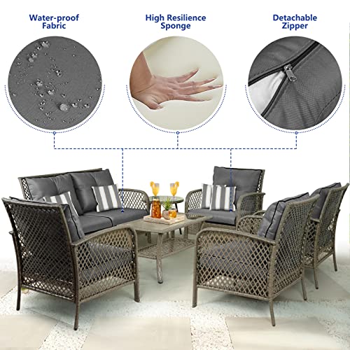 FYRICKYLINOO 7 Pieces Outdoor Wicker Patio Furniture Rattan Conversation Chairs Bistro Sets with 4 PCS Pillows, All Weather Modern Chairs Loveseat Sofa with 2 PCS Coffee Tables for Garden, Gray