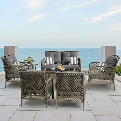 FYRICKYLINOO 7 Pieces Outdoor Wicker Patio Furniture Rattan Conversation Chairs Bistro Sets with 4 PCS Pillows, All Weather Modern Chairs Loveseat Sofa with 2 PCS Coffee Tables for Garden, Gray