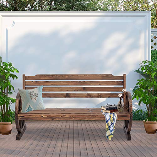 kinbor Wooden Rustic Wagon Wheel Bench, Outdoor Bench Seat, Patio 2-Person Bench with Backrest