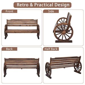 kinbor Wooden Rustic Wagon Wheel Bench, Outdoor Bench Seat, Patio 2-Person Bench with Backrest