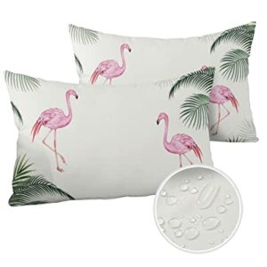 Vandarllin Outdoor Throw Pillows Covers 12X20 Set of 2 Waterproof Pink Flamingo Decorative Zippered Lumbar Cushion Covers for Patio Furniture, Tropical Palm Leaf