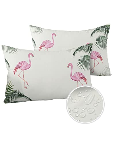 Vandarllin Outdoor Throw Pillows Covers 12X20 Set of 2 Waterproof Pink Flamingo Decorative Zippered Lumbar Cushion Covers for Patio Furniture, Tropical Palm Leaf