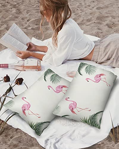 Vandarllin Outdoor Throw Pillows Covers 12X20 Set of 2 Waterproof Pink Flamingo Decorative Zippered Lumbar Cushion Covers for Patio Furniture, Tropical Palm Leaf