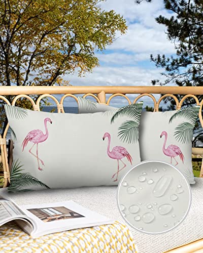 Vandarllin Outdoor Throw Pillows Covers 12X20 Set of 2 Waterproof Pink Flamingo Decorative Zippered Lumbar Cushion Covers for Patio Furniture, Tropical Palm Leaf