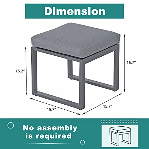 Soleil Jardin Outdoor Ottomans for Patio Set of 2, Assembled Aluminum Outdoor Footstool with Grey Cushions, Small Seat Furniture for Garden Yard Deck Poolside, Dark-Grey Frame