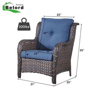 Belord Patio Furniture Conversation Sets 2 Peices Wicker Chairs, Wide Armchair Outdoor Furniture Sets for Porch, Balcony, Backyard, All Weather Brown Wicker Chair with Blue Cushion