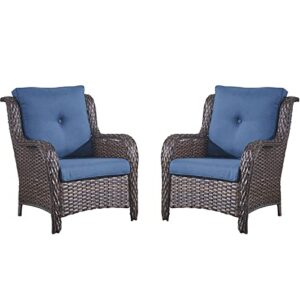 belord patio furniture conversation sets 2 peices wicker chairs, wide armchair outdoor furniture sets for porch, balcony, backyard, all weather brown wicker chair with blue cushion