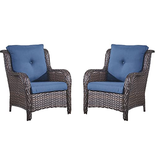 Belord Patio Furniture Conversation Sets 2 Peices Wicker Chairs, Wide Armchair Outdoor Furniture Sets for Porch, Balcony, Backyard, All Weather Brown Wicker Chair with Blue Cushion