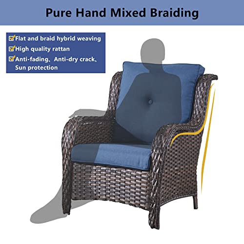 Belord Patio Furniture Conversation Sets 2 Peices Wicker Chairs, Wide Armchair Outdoor Furniture Sets for Porch, Balcony, Backyard, All Weather Brown Wicker Chair with Blue Cushion