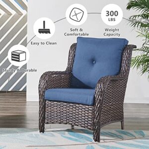 Belord Patio Furniture Conversation Sets 2 Peices Wicker Chairs, Wide Armchair Outdoor Furniture Sets for Porch, Balcony, Backyard, All Weather Brown Wicker Chair with Blue Cushion