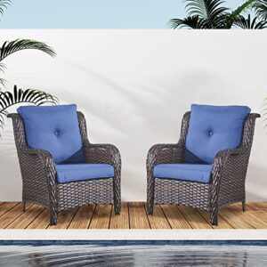 Belord Patio Furniture Conversation Sets 2 Peices Wicker Chairs, Wide Armchair Outdoor Furniture Sets for Porch, Balcony, Backyard, All Weather Brown Wicker Chair with Blue Cushion