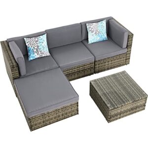 YITAHOME Patio Furniture Set, 5 Piece Outdoor Sectional Sofa Furniture Sets, PE Wicker Conversation Set with Ottoman, Rattan Coffee Table & Cushions for Lawn Backyard Garden Porch, Gray Gradient