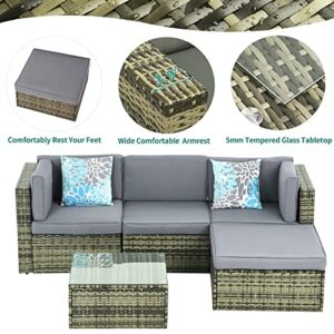 YITAHOME Patio Furniture Set, 5 Piece Outdoor Sectional Sofa Furniture Sets, PE Wicker Conversation Set with Ottoman, Rattan Coffee Table & Cushions for Lawn Backyard Garden Porch, Gray Gradient