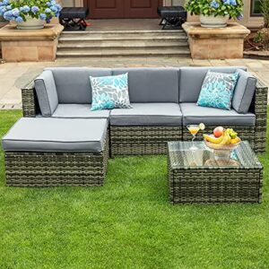 YITAHOME Patio Furniture Set, 5 Piece Outdoor Sectional Sofa Furniture Sets, PE Wicker Conversation Set with Ottoman, Rattan Coffee Table & Cushions for Lawn Backyard Garden Porch, Gray Gradient