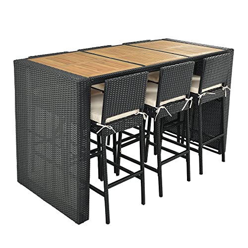 Outdoor Patio 7-Piece Rattan Dining Table Set, PE Wicker Bar Furniture Set with Wood Tabletop and 6 Dining Chairs for Backyard, Garden(Black2-7PCS)