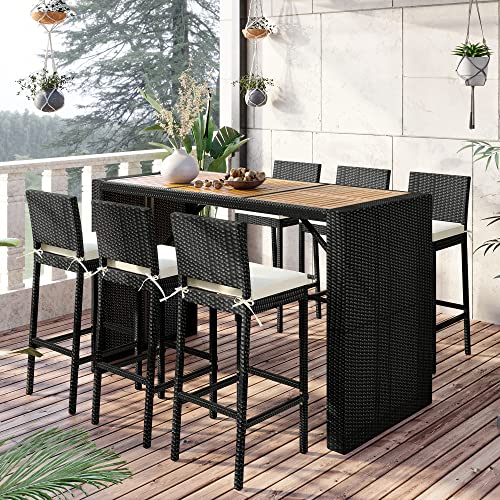 Outdoor Patio 7-Piece Rattan Dining Table Set, PE Wicker Bar Furniture Set with Wood Tabletop and 6 Dining Chairs for Backyard, Garden(Black2-7PCS)