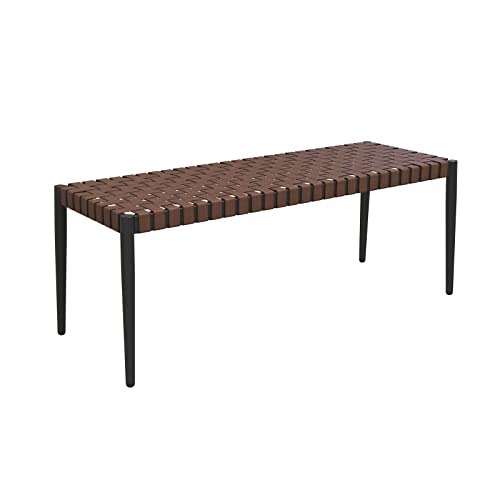 Grand patio Outdoor/Indoor Aksel 2-Seat Bench, Steel Frame Leather-Look Resin Wicker Bench with Tapered Legs, Scandinavian Style Bench for Small Front Porch Entryway Bench for Garden Dining