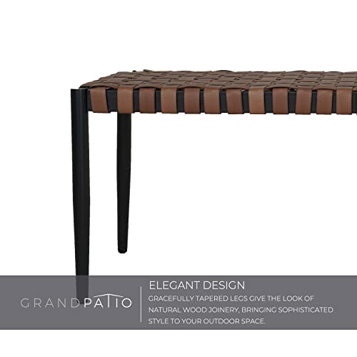 Grand patio Outdoor/Indoor Aksel 2-Seat Bench, Steel Frame Leather-Look Resin Wicker Bench with Tapered Legs, Scandinavian Style Bench for Small Front Porch Entryway Bench for Garden Dining