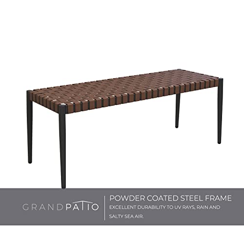 Grand patio Outdoor/Indoor Aksel 2-Seat Bench, Steel Frame Leather-Look Resin Wicker Bench with Tapered Legs, Scandinavian Style Bench for Small Front Porch Entryway Bench for Garden Dining