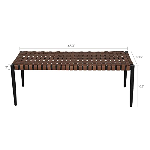 Grand patio Outdoor/Indoor Aksel 2-Seat Bench, Steel Frame Leather-Look Resin Wicker Bench with Tapered Legs, Scandinavian Style Bench for Small Front Porch Entryway Bench for Garden Dining