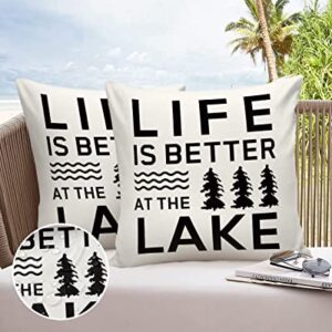 Outdoor Waterproof Pillow Covers for Patio Furniture Life is Better at The Lake Decorative Throw Pillow Cover Plants Living Quote Pillowcases Set of 2 Cushion Case for Sofa Couch Chair 18 x 18 in