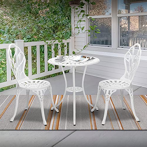 Laurel Canyon Antique Copper Finish Outdoor Furniture with Rust-Resistant Small Round Table and 2 Chairs for Porch, Lawn, Garden, Pool, Backyard, White