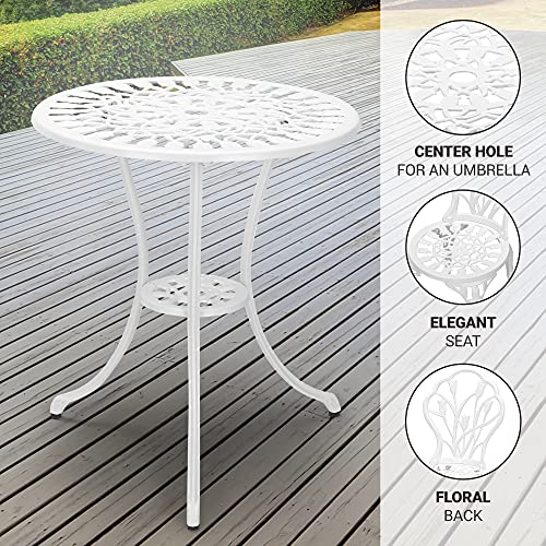 Laurel Canyon Antique Copper Finish Outdoor Furniture with Rust-Resistant Small Round Table and 2 Chairs for Porch, Lawn, Garden, Pool, Backyard, White